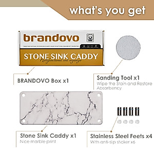 BRANDOVO Stone Sink Caddy - Marble Tray - Instant Dry Sink Organizer - Kitchen Soap Tray - Fast Drying Stone Sink Tray - Kitchen Sink Caddy Marble White - 9.8x3.9 inches