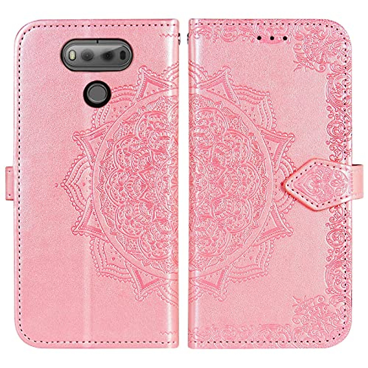 Compatible with LG V20 Wallet Case and Tempered Glass Screen Protector Leather Mandala Flower Flip Cover Credit Card Holder Stand Cell Accessories Phone Cases for LGV20 LG20 V 20 ThinQ Women Rose gold