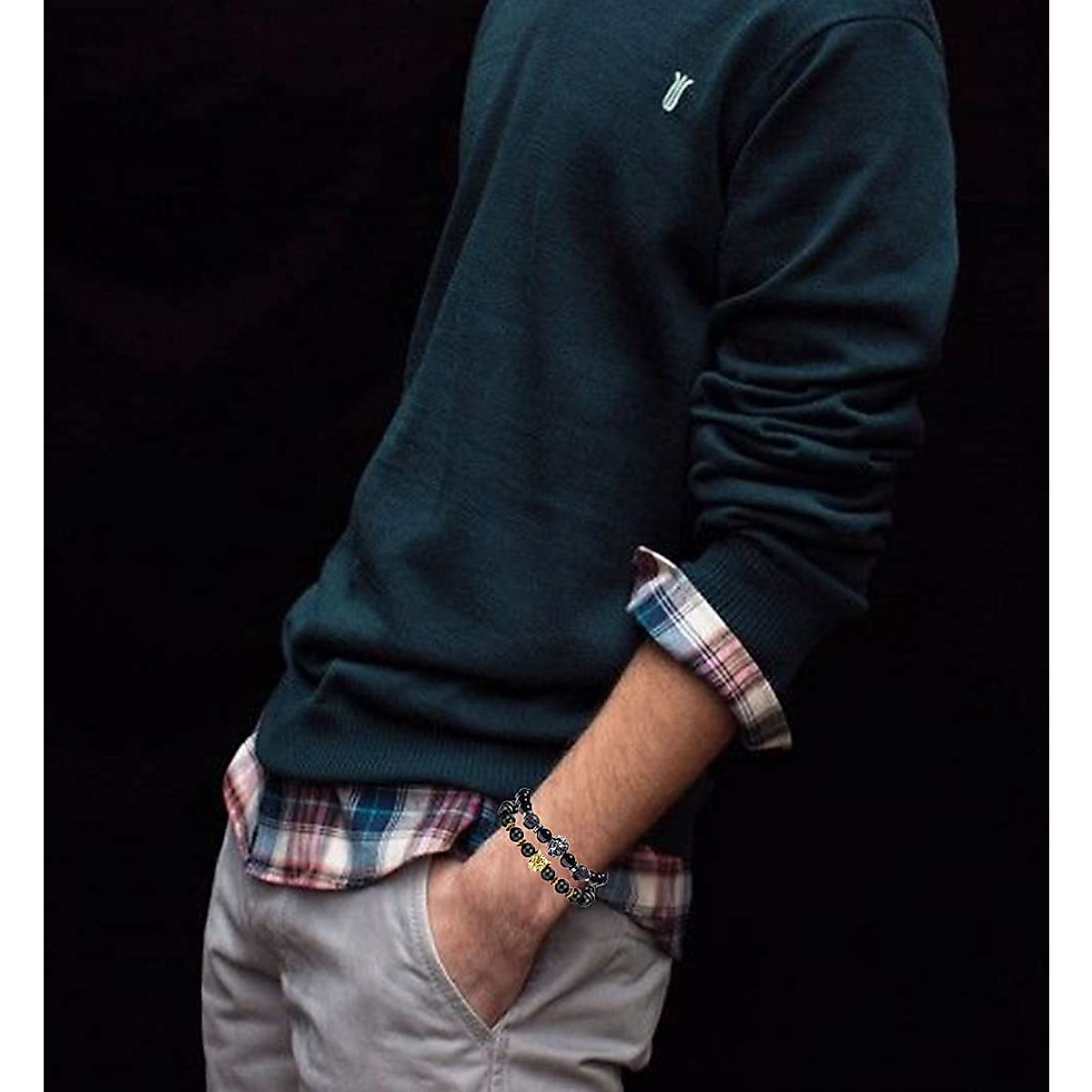 CASDAN 12Pcs 8MM Lava Rock Stone Bead Bracelet for Men Women Dragon/Lion/Panther Leopard Head Bracelet Charm Bracelets Set Adjustable