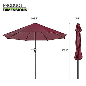 Magshion 9FT Solar Patio Umbrella with 32 LED Lights, Outdoor Market Umbrella with 8 Steel Ribs & Crank Lift, Windproof Sunshade for Garden, Deck, Backyard & Pool (Burgundy)
