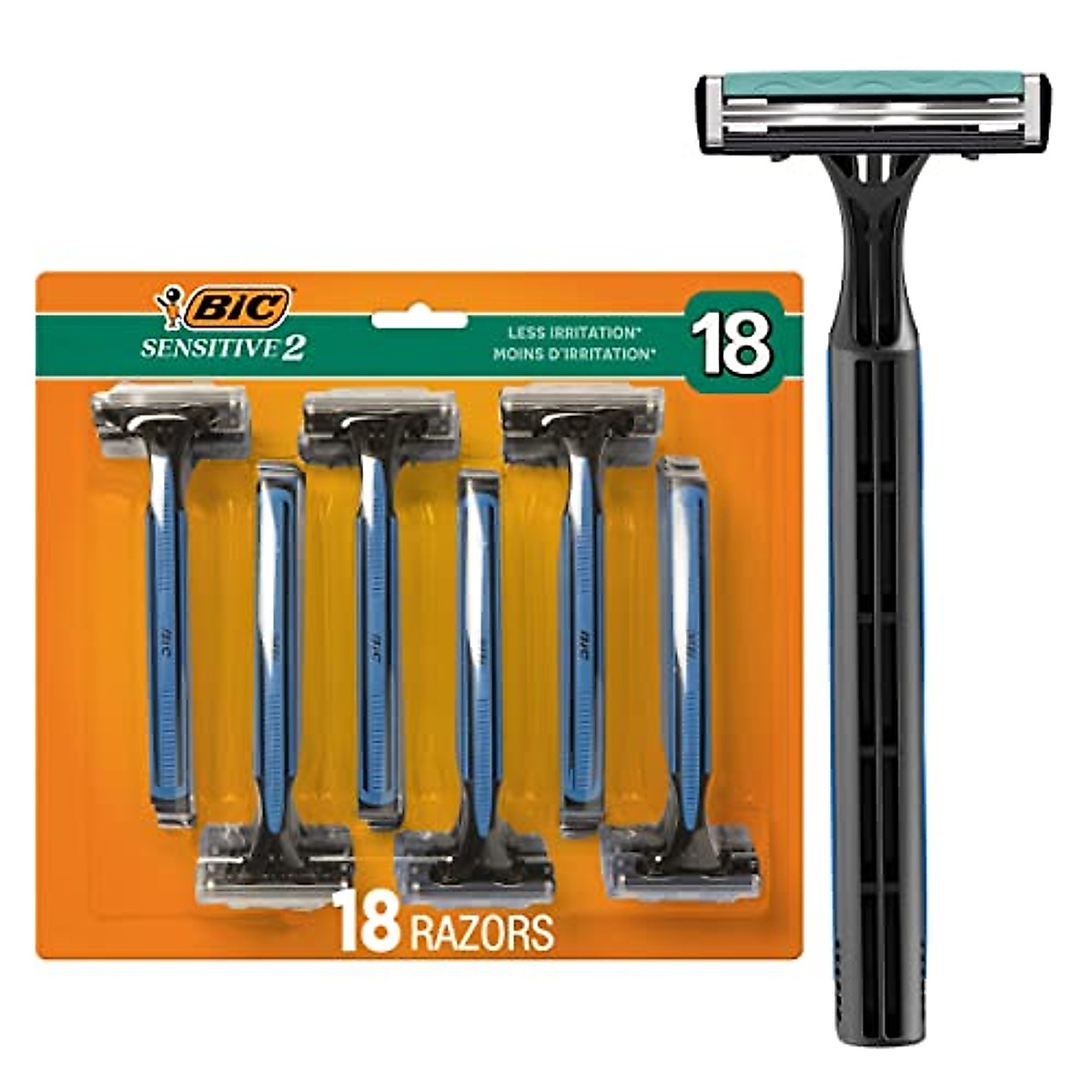 BIC Sensitive 2 Disposable Razors for Men With 2 Blades for Sensitive Skin, 18 Count Value Pack of Shaving Razors