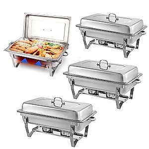 MRIISEL Chafing Dish Buffet Set - 4 Pack, 8 Quart Stainless Steel Chafer Buffet Servers and Warmers Set with Folding Frame for Weddings, Parties, Banquets, and Catering Events