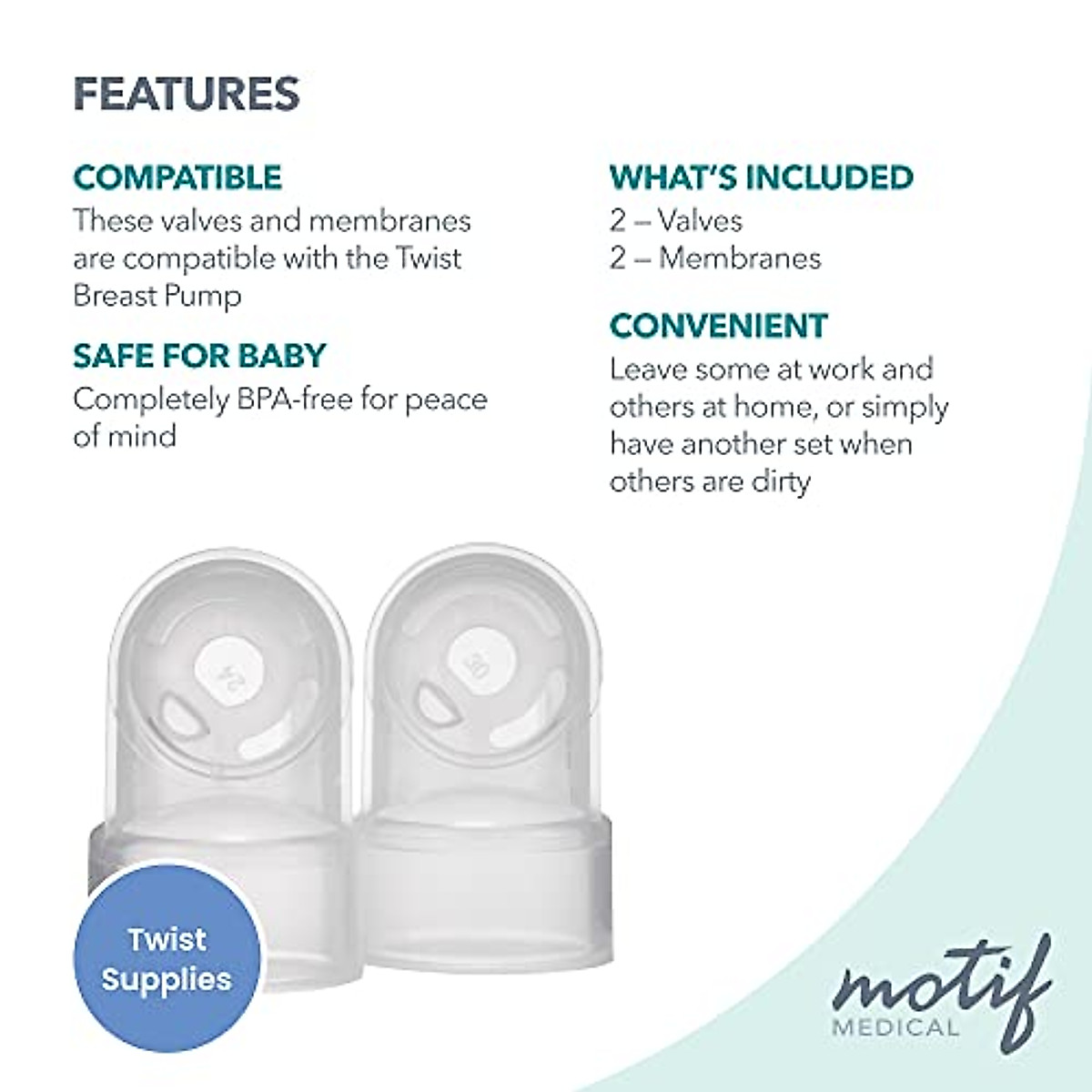 Motif Medical, Set of 2 Twist Valves and Membranes, Replacement Parts for Motif Twist Breast Pump