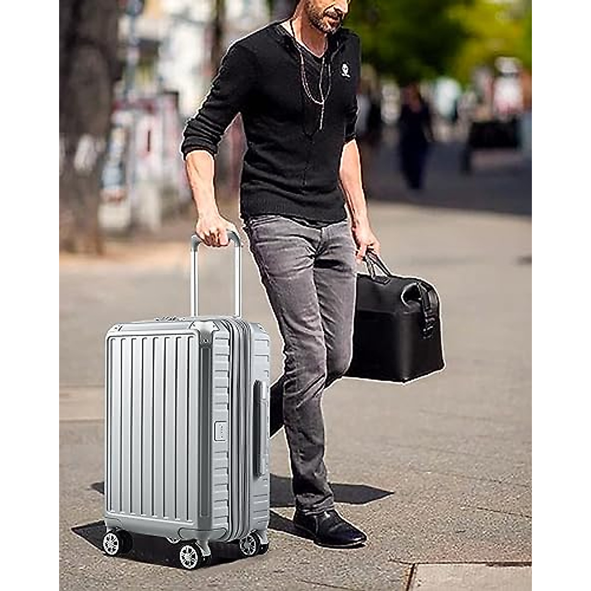 LUGGEX PC Carry On Luggage 22x14x9 Airline Approved - Expandable Hardside Luggage with Spinner Wheels - 4 Metal Corner Hassle-Free Travel (Silver Suitcase)