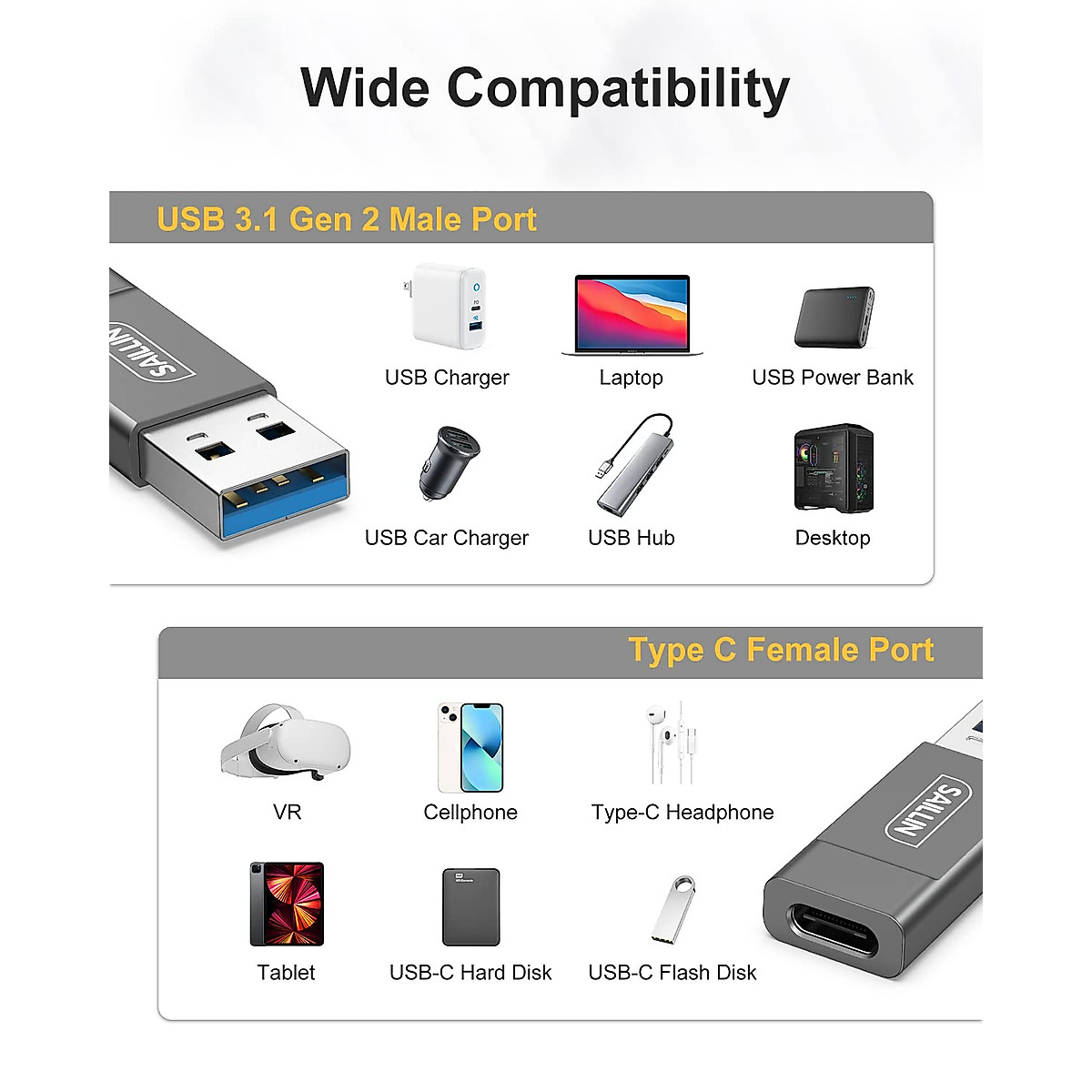 10Gbps USB C Female to USB Male Adapter 2 Pack, SAILLIN Zinc Alloy Double-Sided USB A to USB C Adapter with High-Speed Data Transfer & Stable Charging for Laptop, Charger, Power Bank, Quest Link- Grey