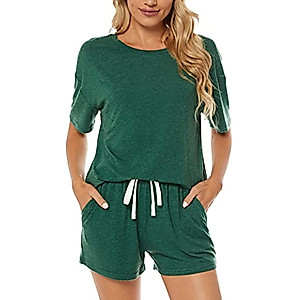 LOCUBE Women's Pajama Sets Soft Comfy Short Sleeve Lounge Outfits Pj Set Shorts with Pockets (Green 2, Medium)