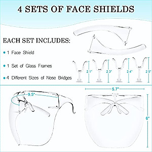 Pupmoms Face Shield, Anti-Fog 4 Pack Face Shields with Glasses Frame, Clear Reusable Plastic Full Cover Face Visor Shield, Transparent Protective Safety Goggle Shield for Adults Women Men
