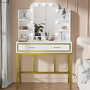Buytime Vanity Desk with Mirror and Lights, Makeup Vanity Table with 9 LED Lights, 2 Drawers and 4 Storage Shelves, Modern Vanity Set for Bedroom (White)