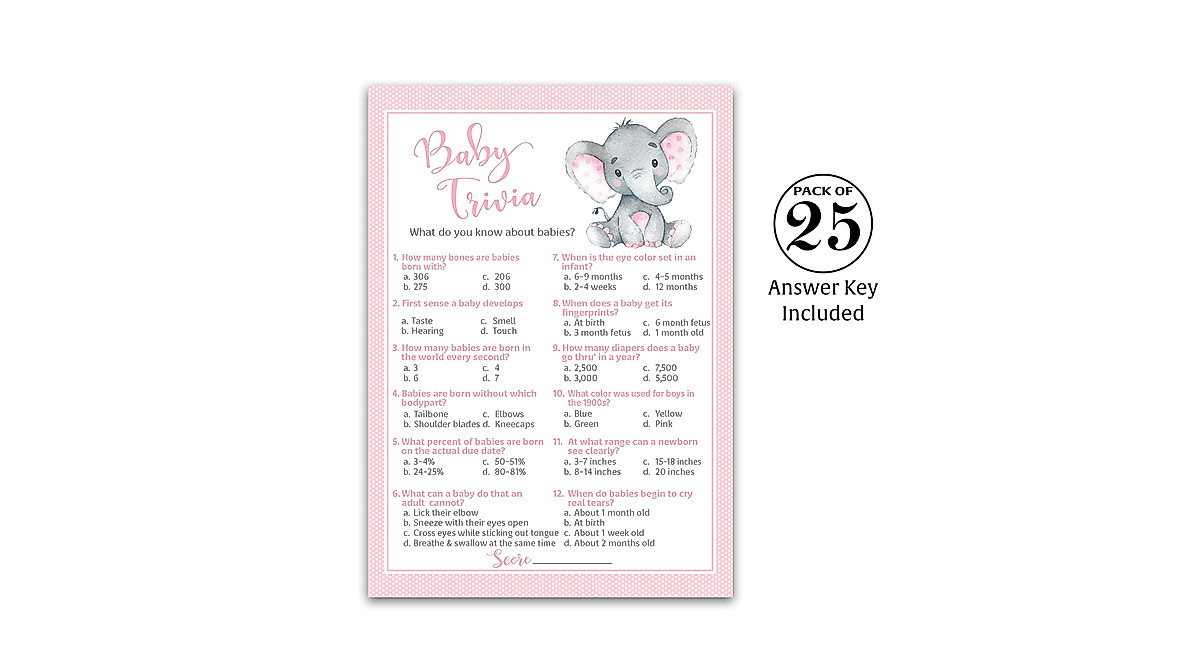 Exciting Pink Elephant Baby Shower Trivia Game Pack