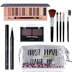 All in One Makeup Kit,12 Colors Nude Shimmer Eyeshadow Palette, Waterproof Black Eyeliner Pencil, Duo Pressed Eyebrow Powder Kit, 5 Brushes With Quicksand Cosmetic Bag Gift Set