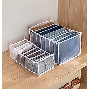 MBVBN Drawer Organizers for Clothing Wardrobe Clothes Organizer, 7 Grids Jeans Compartment Storage Box Foldable Closet Organizer Mesh Separation (White, Medium+Large)