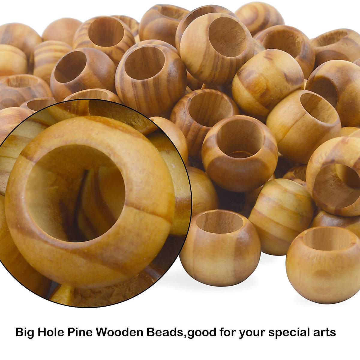 Natural Wooden Beads, 100 Pieces 20mm Diameter Round Loose Spacer Beads Large Hole (10mm) Wooden Craft Beads with Beautiful Grain for DIY Handmade Decorations