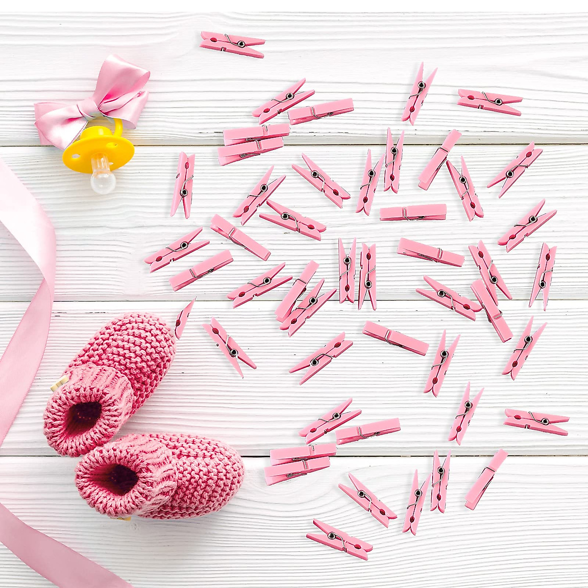 Qunclay 50 Pieces Clothes Pins for Baby Shower Clothespins Plastic Baby Shower Pins Small Baby Shower Decorations for Party Gender Reveal Game DIY, 1.37 Inches(Pink)