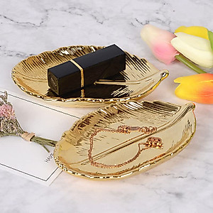 Golden Leaf Tray Ceramic Jewelry Plate Key Tray Ring Holder Trinket Dish Vanity Tray Candy Snack Tray for Christmas,Birthday,Wedding,Women