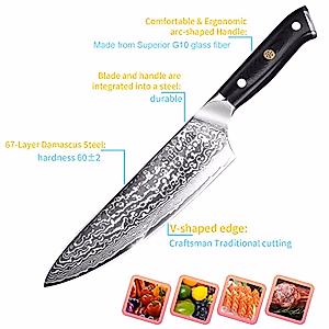 SanCook Damascus Chef Knife Kitchen Knife 8 Inch, Professional Damascus Steel Knife Japanese VG10 Super Stainless Steel Blade with G10 Handle, Chef Gifts for Halloween,Christmas
