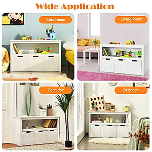 Costzon Toy Storage Organizer, Wooden Toy Bin Chest with 3 Removable Drawers, Rolling Wheels, Large Open Shelf, Toddler Bookshelf for Nursery, Playroom, Kindergarten, Living Room (White)