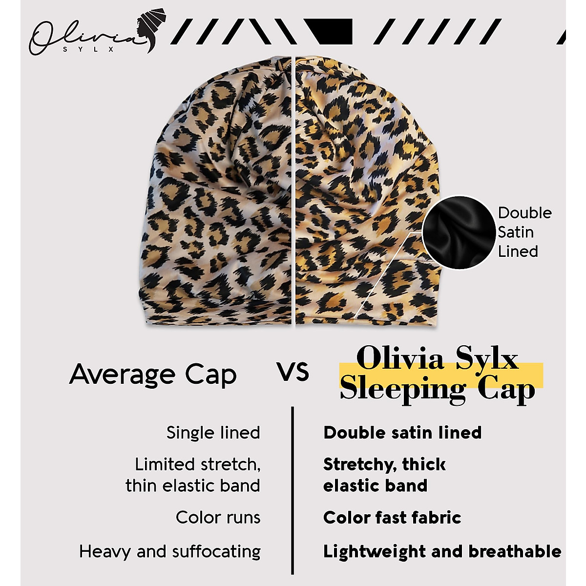 Olivia Sylx Satin Sleep Cap and Hair Bonnet for Sleeping - Satin Lined Sleep Cap, Sleeping Bonnet Satin Head Wrap - Satin Hair Wrap - Cheetah