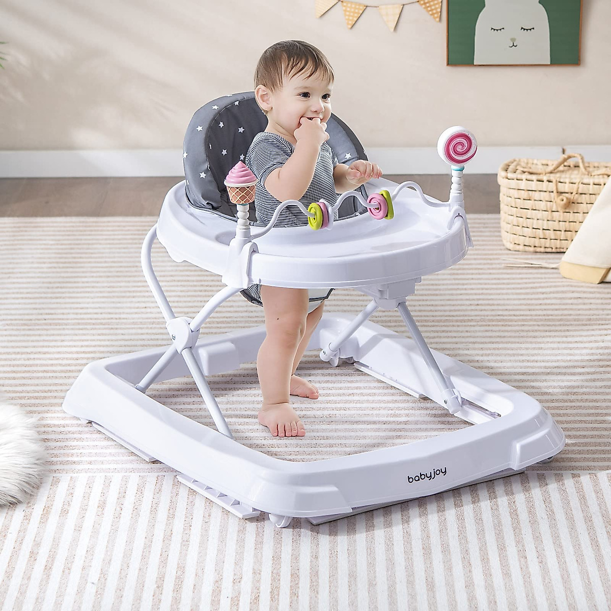 BABY JOY Baby Walker, Foldable Activity Walker Helper with Adjustable Height, Baby Activity Walker with High Back Padded Seat & Bear Toys (Gray, Star Pattern)