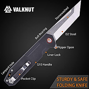 VALKNUT Tanto Knife D2 Blade EDC Folding Pocket Knives with Clip, Flipper Opening Knife with Black G10 Handle, 3.5'' Blade Length