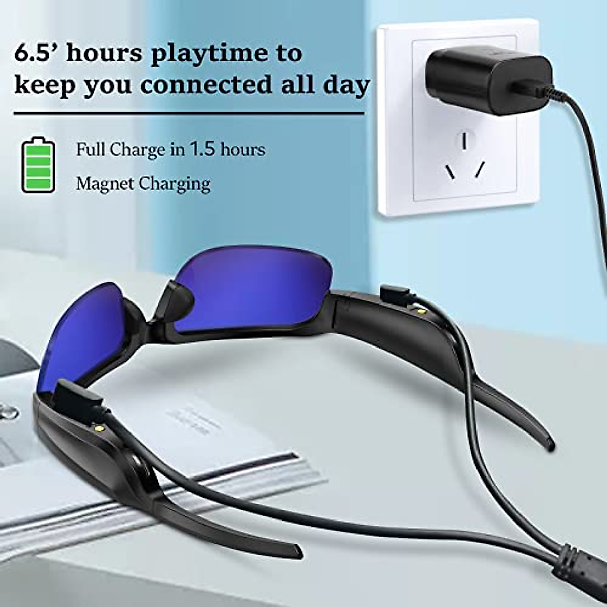 WOXMA Bluetooth Audio Sports Sunglasses Surround Sound,Voice Assistant,6Hrs Battery,Bluetooth 5.3 Glasses IP4 Waterproof (Blue)