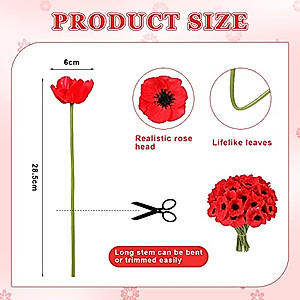 42 Pcs Artificial Poppy Flowers PU Real Touch Poppy Silk Flowers 11 Inch Poppy Anemone Stems Fake Flowers Table Centerpiece for Home Wedding Memorial Day Decor (Red)