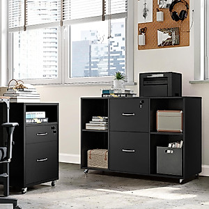 Yaheetech Black File Cabinet Large Mobile Storage Lateral Filing Cabinet with 2 Drawer and 4 Open Compartments,for Letter Size A4 Size, Printer Stand for Home Office, Black