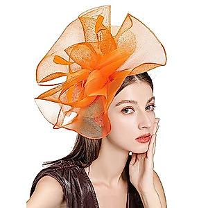 ELLYDOOR Fascinator Derby Hats for Women Large Mesh Veil Fascinator Headband Church Tea Party Pillbox Hat Orange