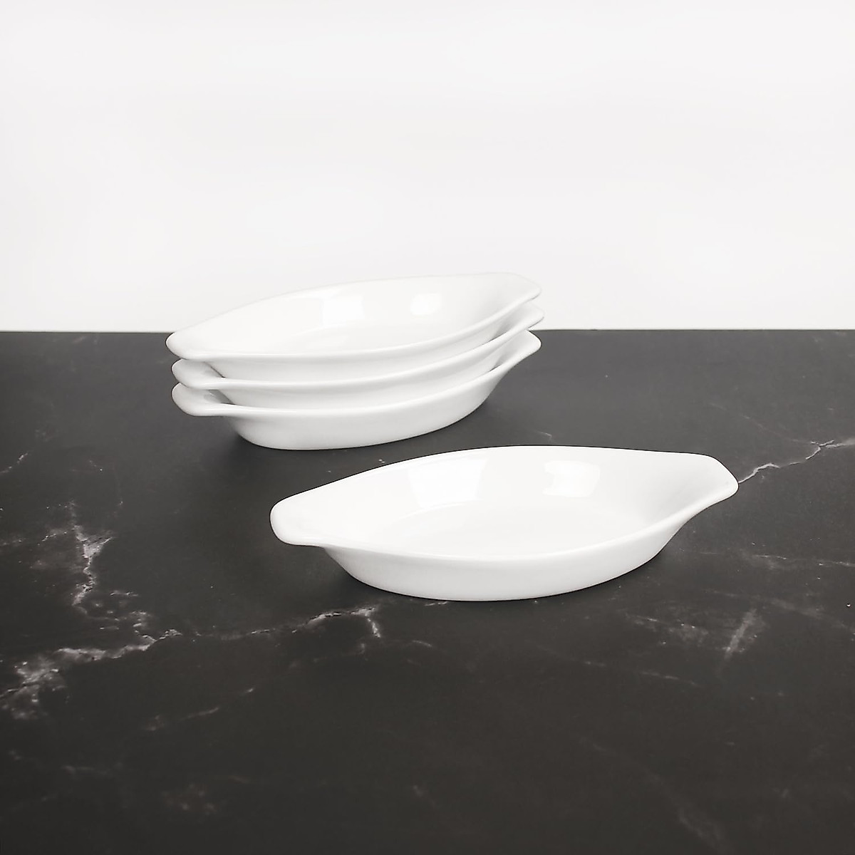 jinsongdafa Ceramic Oval Au Gratin Baking Dishes 7 oz, Set of 4 Banana Split Bowls, Oven and Microwave Safe, for 1 person servings, Bakeware with Double Handle for Kitchen and Home,8.3 Inch