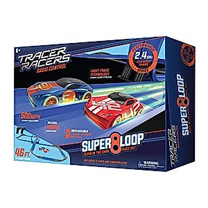 Tracer Racers 2.4 GHz Radio Control Remote Slot-Less, Cordless Racing Super 8 Speedway Track Set with Two Cars