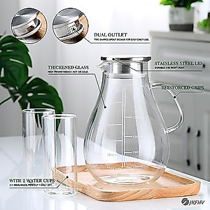 JKFHV Glass Pitcher,88oz Water Pitcher Set with Lid and Drink Glasses of 2,Large Glass Iced Tea Pitcher Easy Clean Heat Resistant Borosilicate Glass Jug for Juice,Milk,Cold or Hot Beverages