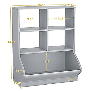 Aheaplus Toy Storage Organizer with Bookcase, 5 Cubby Bookshelf Toy Storage Cabinet, Open Multi-Bins Toys&Books Storage Display Organizer for Playroom, Bedroom, Living Room, Grey