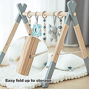 Wooden Baby Play Gym Foldable Frame Activity Gym Hanging Bar with 5 Gym Baby Toys Natural Gift for Newborn Baby (Foldable Grey)