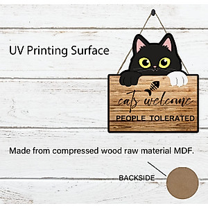 Funny Welcome Sign,Cats Welcome People Tolerated,Wooden Hanging Wall Sign,Decoration for Home Front Door,Gifts for Women Cat Lovers,Black Kitten,9.8x11 inches