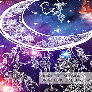 BlessLiving Star Galaxy Bedding Crescent Moon Duvet Cover Purple Pink Bedding 3 Pieces Feather Design Quilt Cover Space Comforter Cover Set (Full)