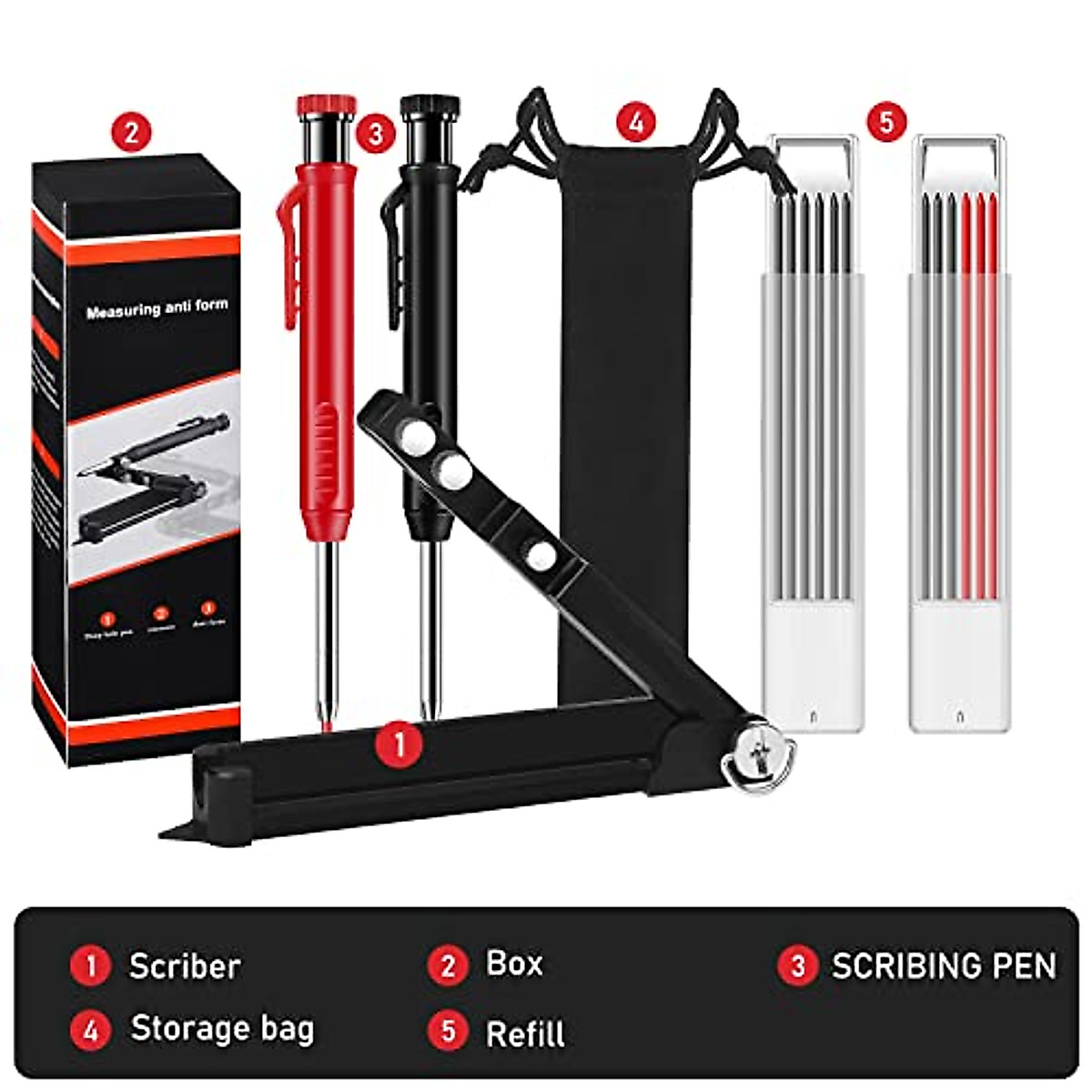GUIMIYHY Multifunctional Aluminum Tracker Scribing Tool Sets with 2PCS Deep Hole Pencil and 14PCS Pencil Leads ，DIY Woodworking Graffiti Line Measurement Shape Compass Rchitectural Drawing Profiler