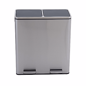 Design Trend Stainless Steel Dual Compartment Trash Can Recycler with Soft Close Lids | Two 30 Liter / 8 Gallon Bins, 60 Liter, Silver