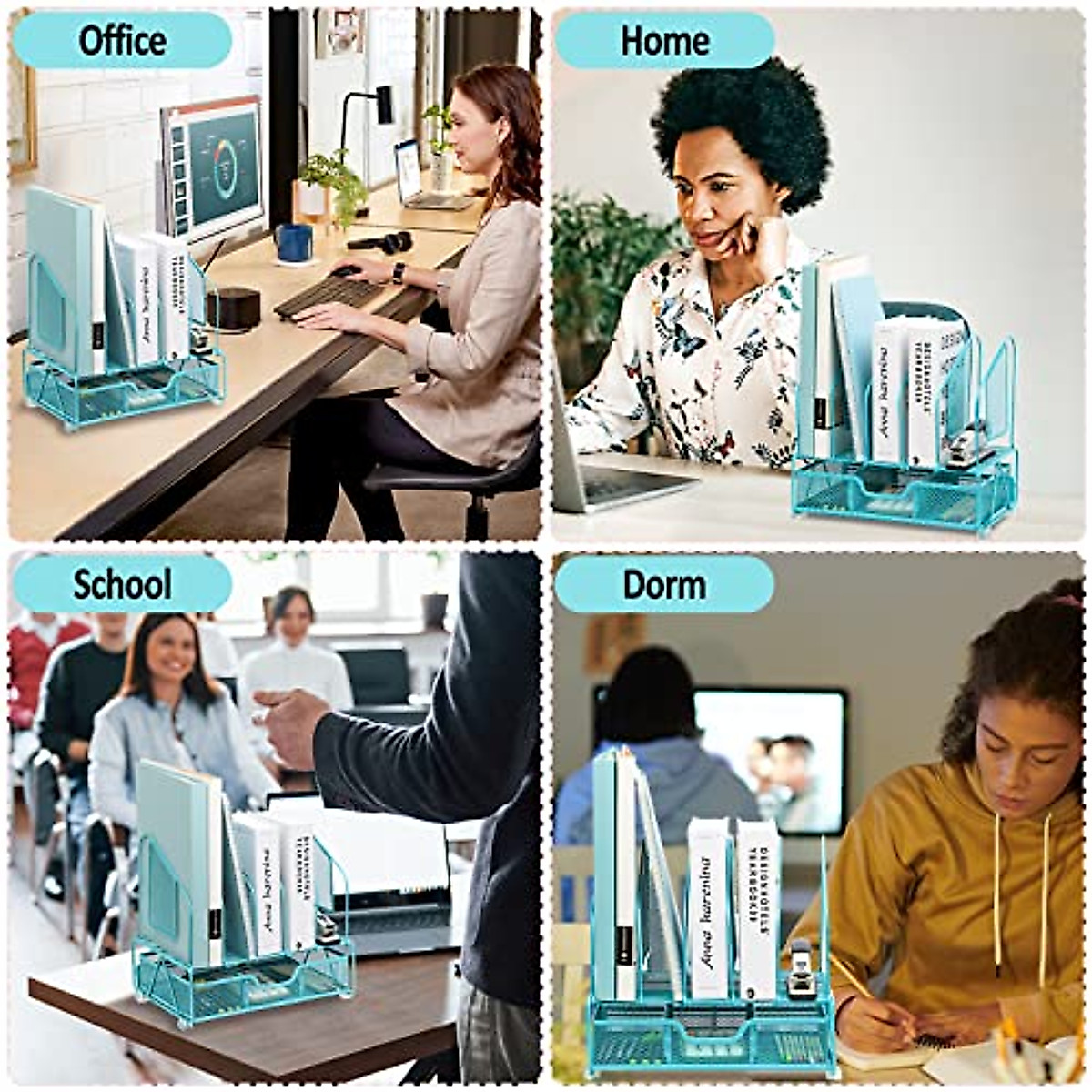 Beiz Blue Desk Organizer and Accessories Storage with 5 Vertical File Folder Holders, Paper Tray, Drawer for Women Office, Home, Dorm, Workspace to Collect Office Supplies