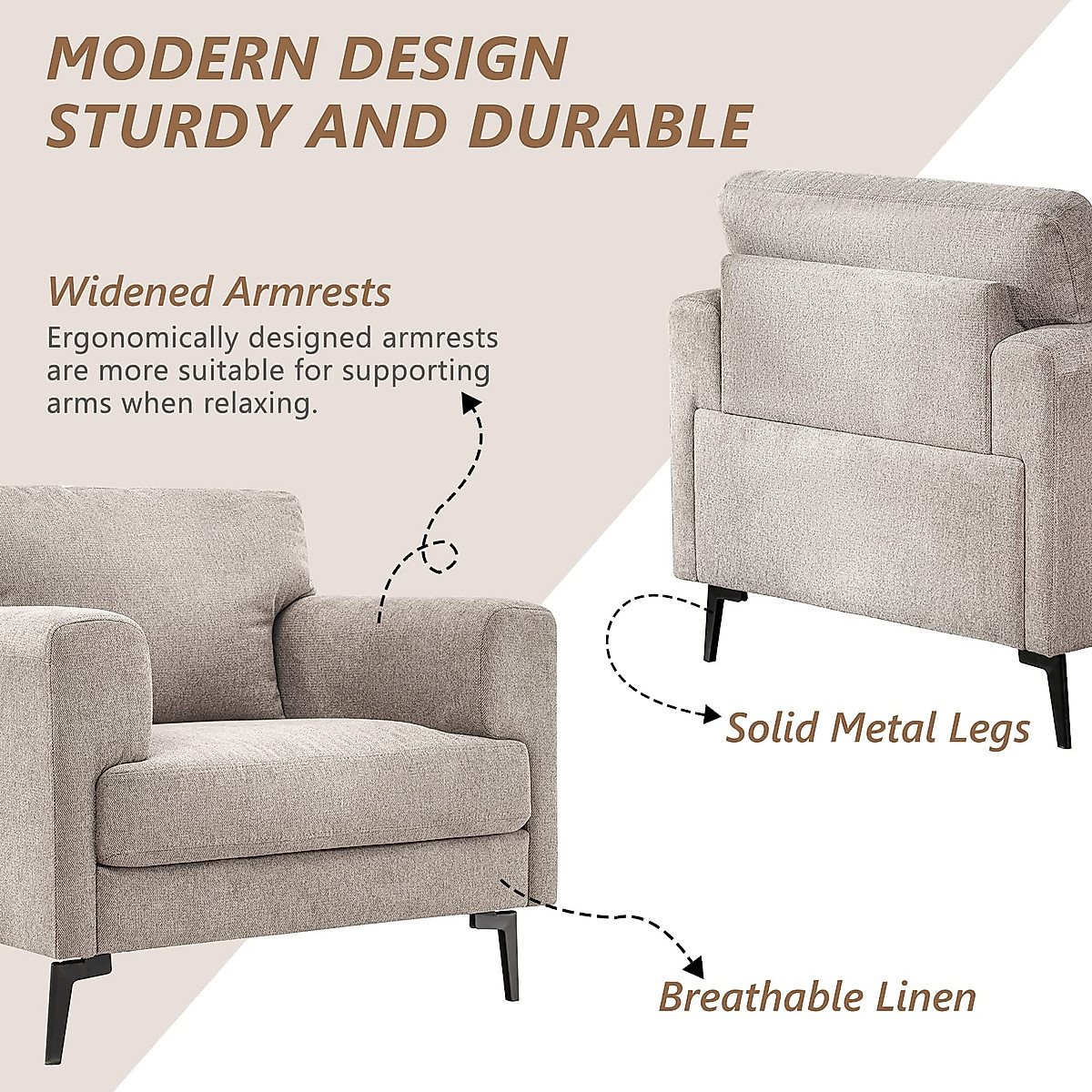 CDCASA Accent Chair, Linen Fabric Oversized Mid Century Modern Chair Set of 1, Comfy Upholstered Armchair Reading Accent Chairs Sofa Chairs for Bedroom Living Room, Light Brown