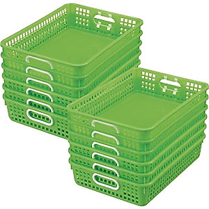 Really Good Stuff Plastic Desktop Paper Storage Baskets for Classroom or Home Use – 14”x10” Plastic Mesh Baskets Keep Papers Crease-Free and Secure – Green Neon Baskets With White Handles (Set of 12)