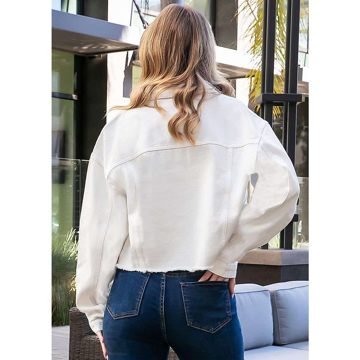 Anna-Kaci Women's Denim Jacket Cropped Raw Hem Casual Button Down Jean Jacket with Pockets, White, Large