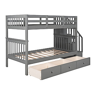 Harper & Bright Designs Twin Over Twin Bunk Beds with Storage Drawers and Stairs Wood Bunk Bed Frame for Kids Boys Girls Teens, Gray