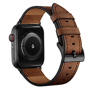 OUHENG Compatible with Apple Watch Band 41mm 40mm 38mm, Genuine Leather Band Replacement Strap Compatible with Apple Watch Series 9/8/7/6/5/4/3/2/1/SE2/SE, Retro Camel Brown Band with Black Adapter