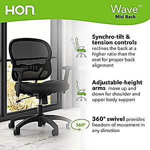 HON Wave Office Chair Mid Back Mesh Ergonomic Computer Desk Chair - Adjustable Arms, Lumbar Support, Synchro-Tilt Tension Angle Lock Recline, Comfortable Cushion, 360 Swivel Rolling Wheels - Black