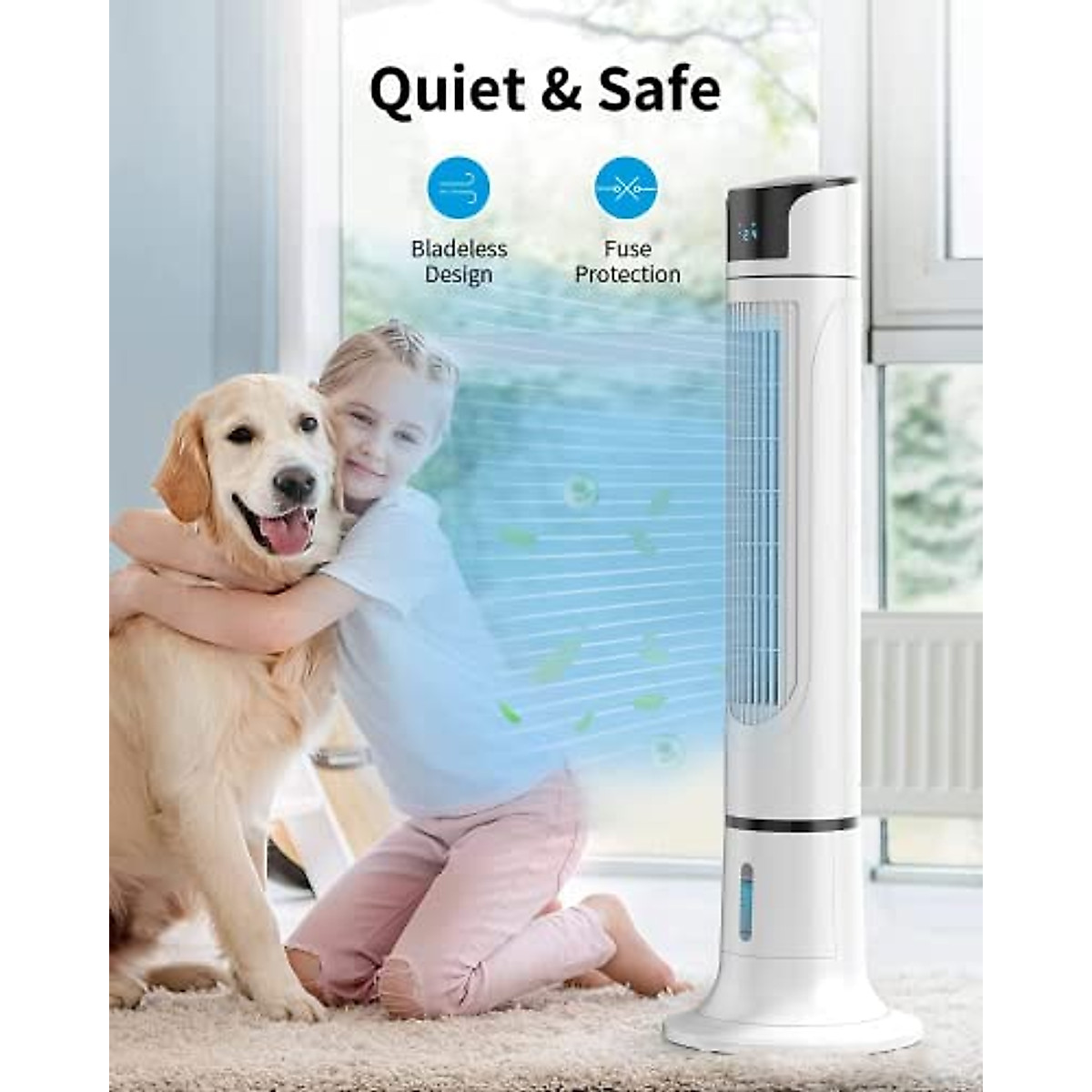 Evaporative Air Cooler, 45" Tower Fans that Blow Cold Air Cooling Fan with 90° Oscillating, Touch and Remote Control, 3 Mode / 3 Speeds, 5L Water Tank, 15H Timer, 2 Ice Boxes Fan for Bed Room Office
