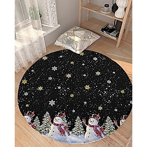 Christmas Black Fluffy Round Area Rug Carpets 3ft, Plush Shaggy Carpet Soft Circular Rugs, Non-Slip Fuzzy Accent Floor Mat for Living Room Bedroom Nursery Home Decor Snowman Gold Snowflake Xmas Tree