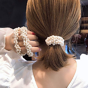 Unicra Pearl Hair Ties Beaded Fashion Elastic Hair Scrunchies Set Fancy Pearls Decorative Ponytail Holder Hair Accessories for Women and Girls 3PCS (Pearl)