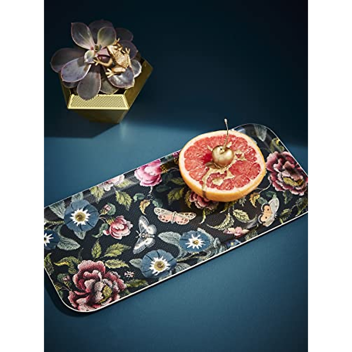Spode Creatures of Curiosity Collection Rectangular Birch Serving Tray, Dark Floral Motif, 12.5" x 6", Platter Made of Birch Veneer, Food and Dishwasher Safe