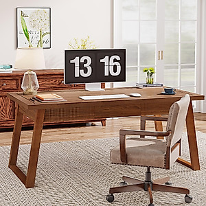 Tribesigns Home Office Executive Desk: 55 Inches Wooden Computer Desk with Drawer, Mid-Century Modern Study Writing Table, Rustic PC Laptop Desk Workstation Furniture, Walnut Brown