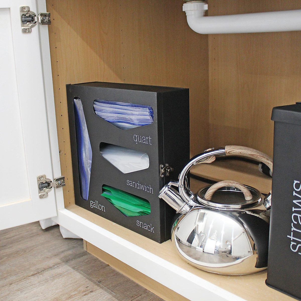 AuldHome Design Enamelware Kitchen Bag Organizer (Black), Farmhouse Style Holder Compatible w/Zipper Seal Kitchen Storage