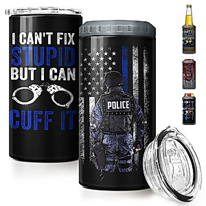 SANDJEST Police Tumbler American Policeman 4 in 1 16oz Tumbler Can Cooler Coozie Skinny Stainless Steel Tumbler Gift for Police Man Dad Father Boy Friends Retirement Birthday Party